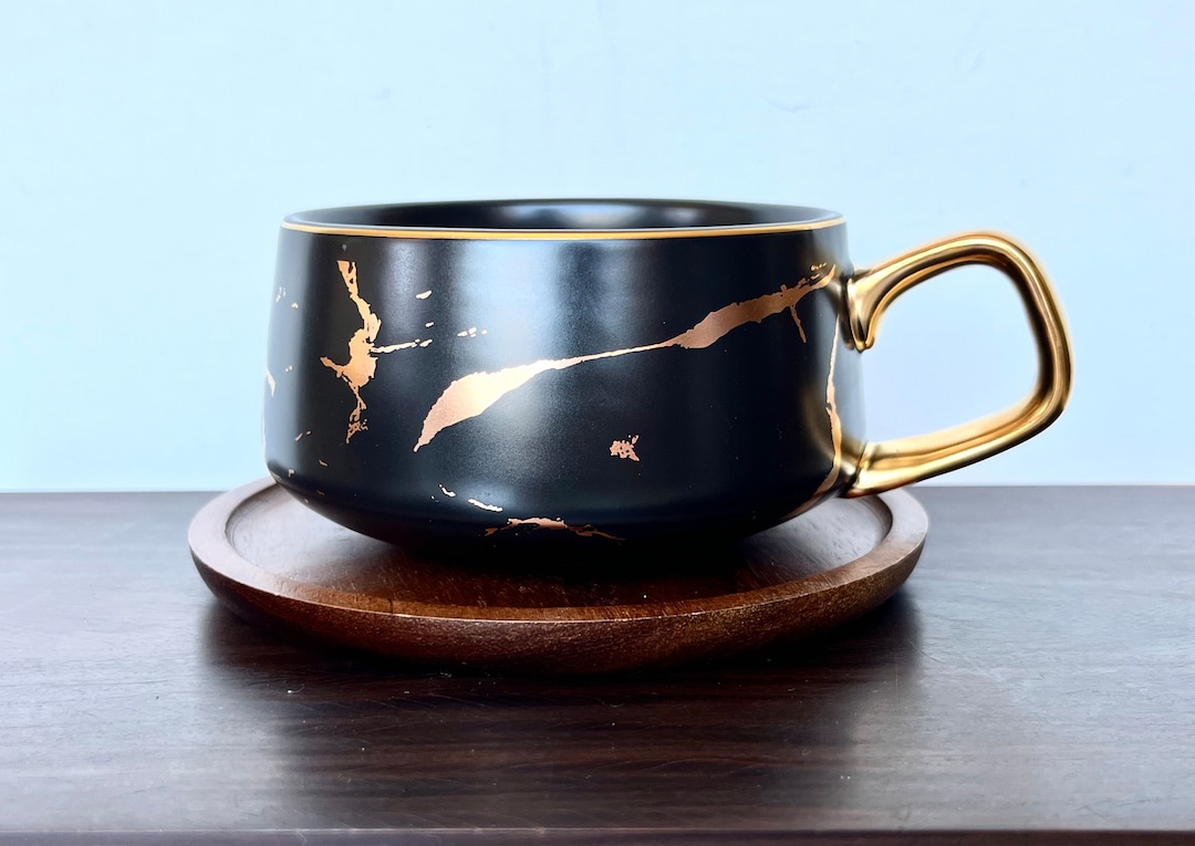 10 Oz Ceramic Tea Cup Coffee Cup Set With Wooden Saucer European Golden Hand Cup Saucer Set - Etsy