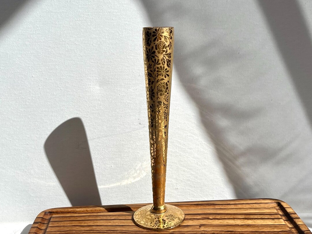 Vintage 1940’s Bud Vase Ransgil Crystal 22 K Gold Floral Overlay 7.5 ...