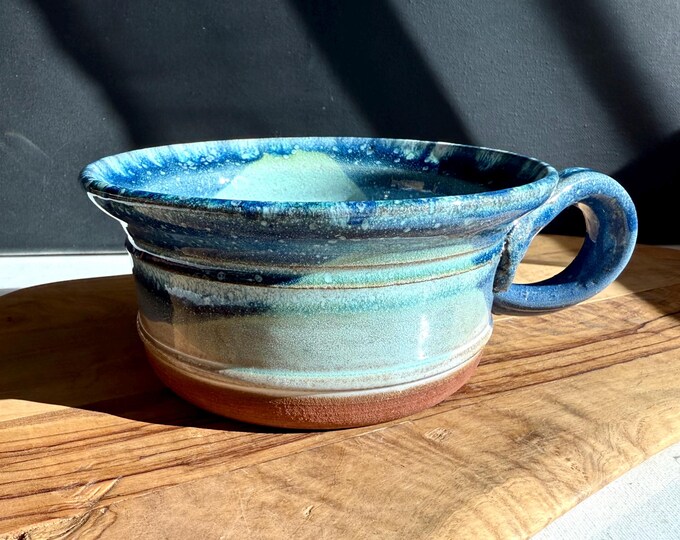 Large Studio Pottery Soup Mug, Red Clay With Blue and Green Drip Glaze ...