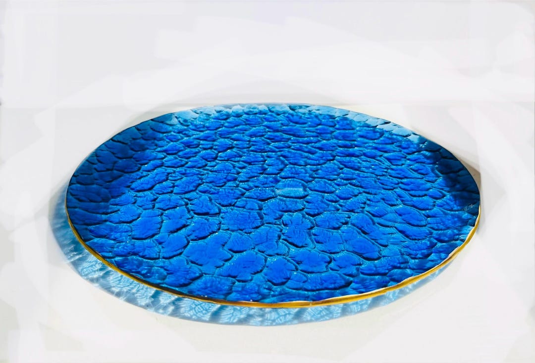 Large Round Textured Blue Glass Platter With Gold Rim 13.5” - Etsy