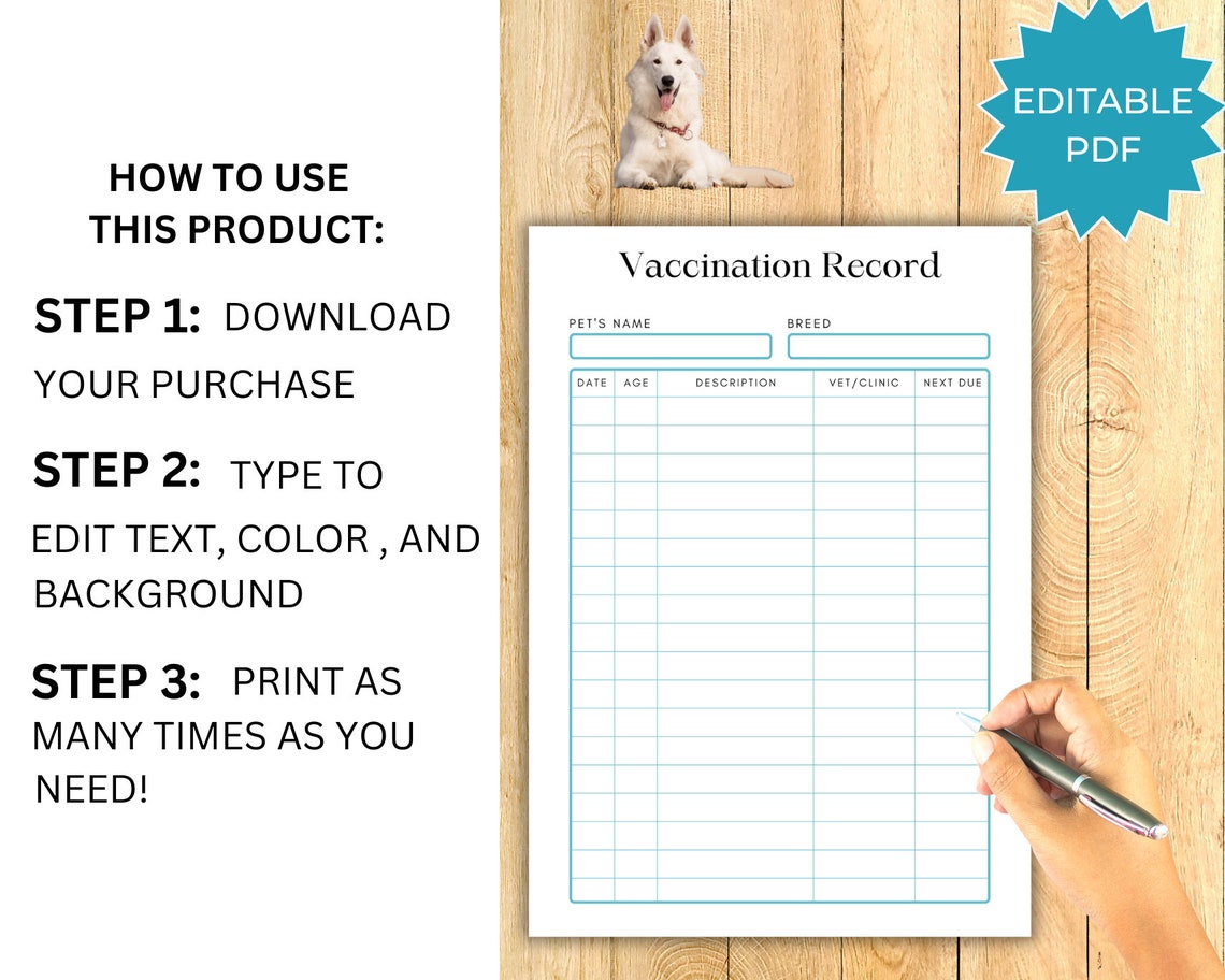 Pet Vaccination Record Pet Vaccination Log Puppy Vaccine Tracker Dog ...