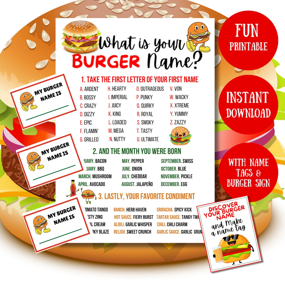 What's My Burger Name Game, Burger Party Game, Printable Burger Games ...