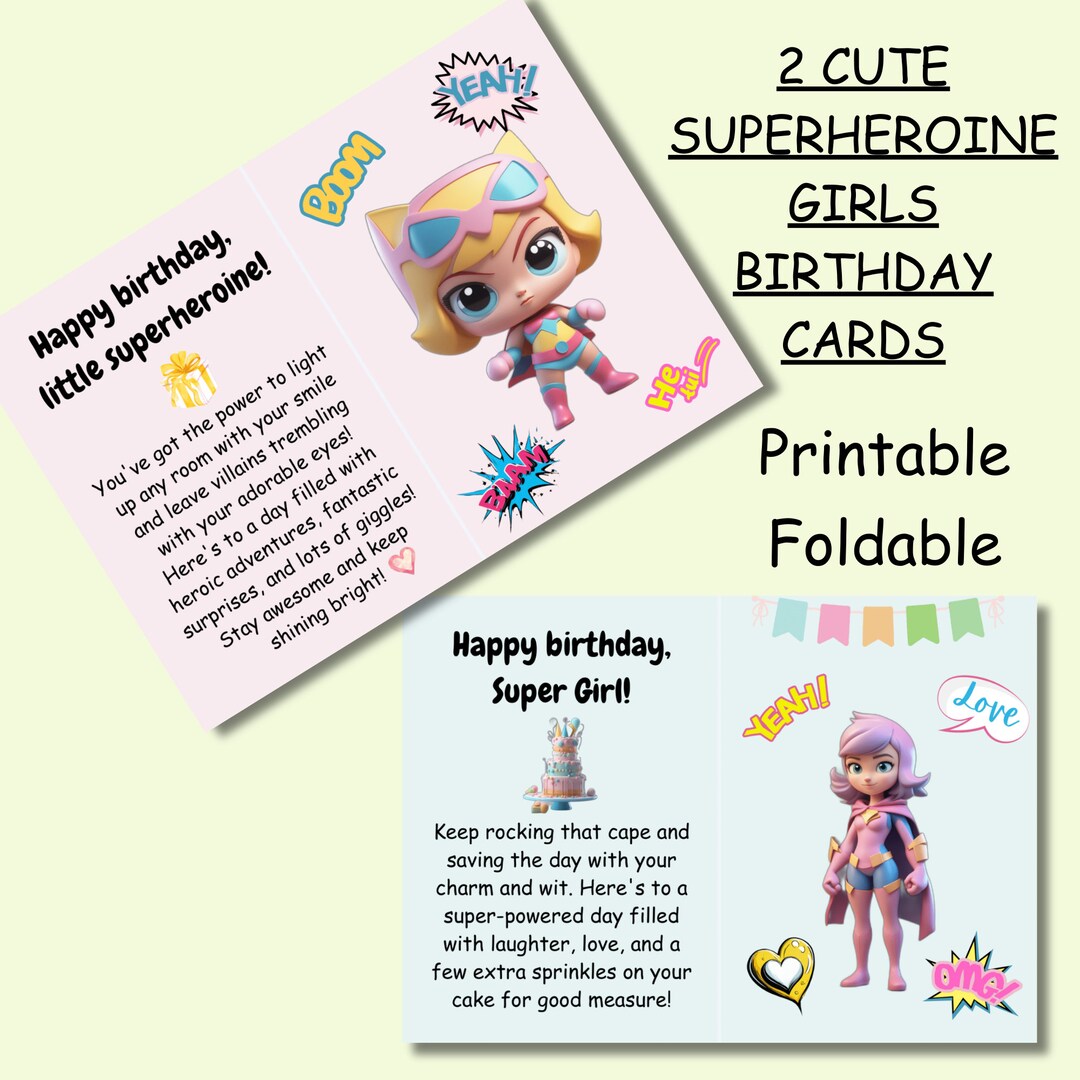 Cute Printable Superhero Happy Birthday Card for Girls, 2 Different ...