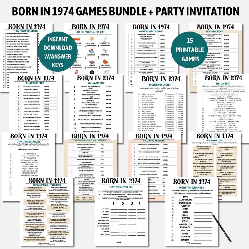 50th Birthday Party Games Bundle, Adult Games, 50th Anniversary, 1974 ...