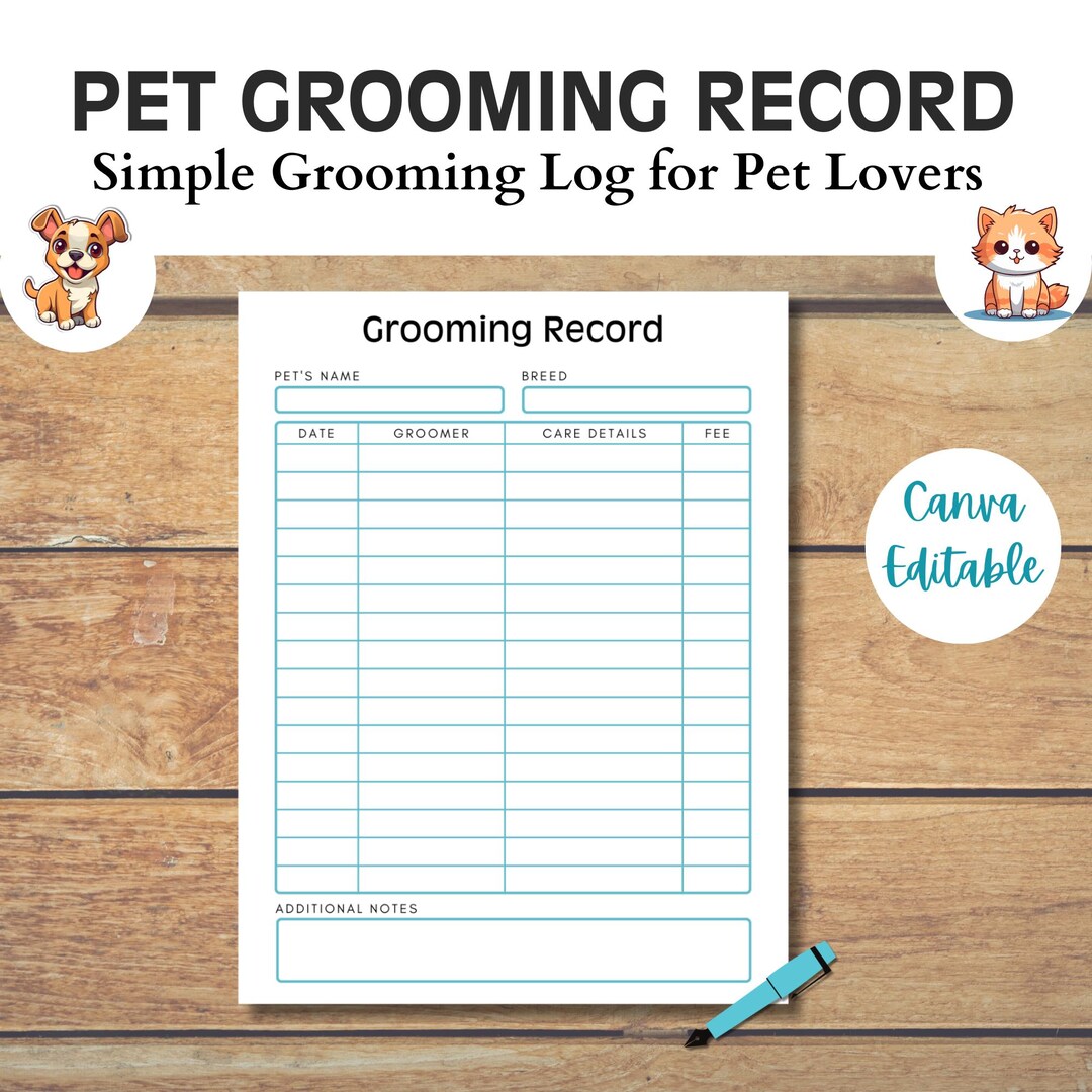 Pet Grooming Record, Dog Grooming Log, Printable Grooming Log, Dog ...