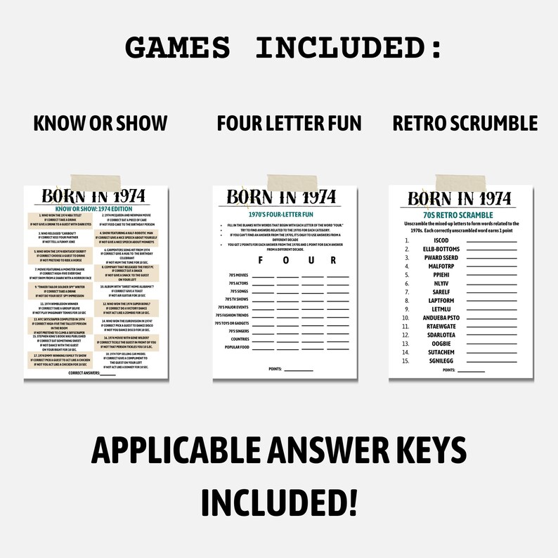 50th Birthday Party Games Bundle, Adult Games, 50th Anniversary, 1974 ...