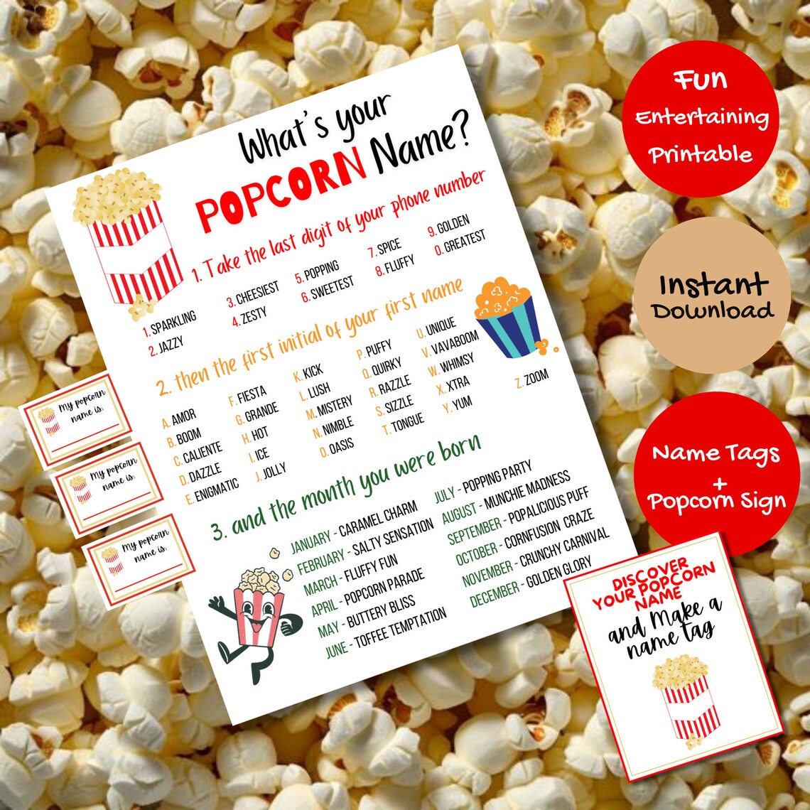 What's Your Popcorn Name Game With Name Tags & Sign, Popcorn Name ...