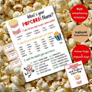 What's Your Popcorn Name Game With Name Tags & Sign, Popcorn Name ...