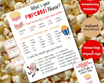 What's Your Popcorn Name Game With Name Tags + Popcorn Name Sign ...