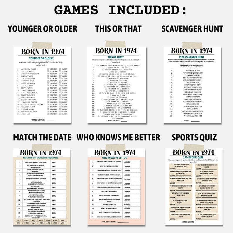 50th Birthday Party Games Bundle, Adult Games, 50th Anniversary, 1974 ...