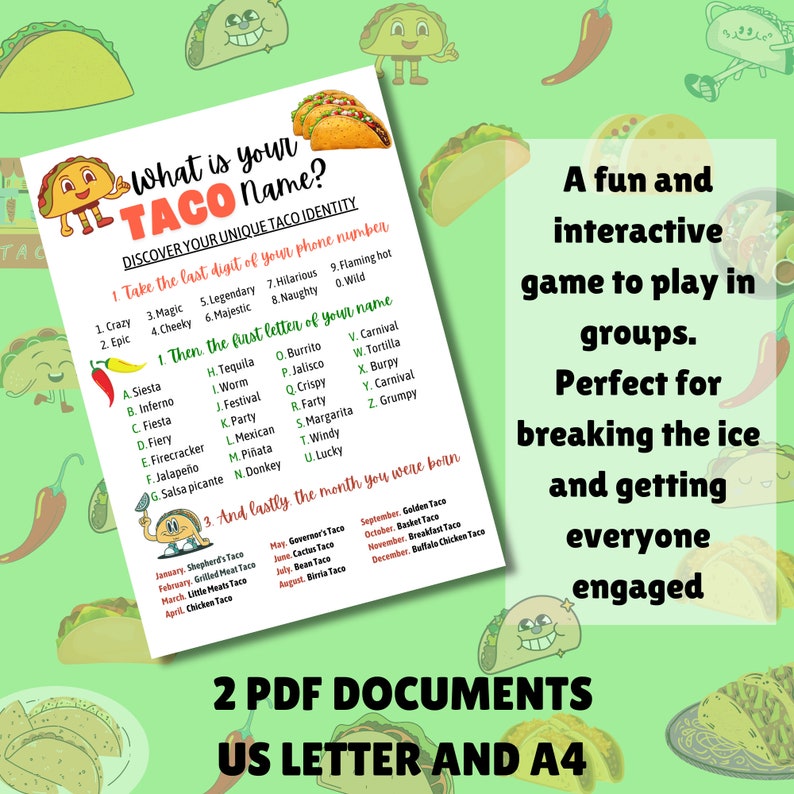 What's Your Taco Name and Nametags, Taco Party Game, Taco Tuesday Name ...