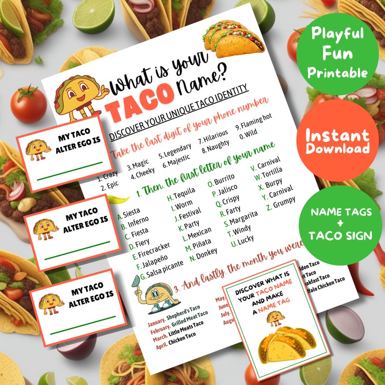 What's Your Taco Name and Nametags, Taco Party Game, Taco Tuesday Name ...