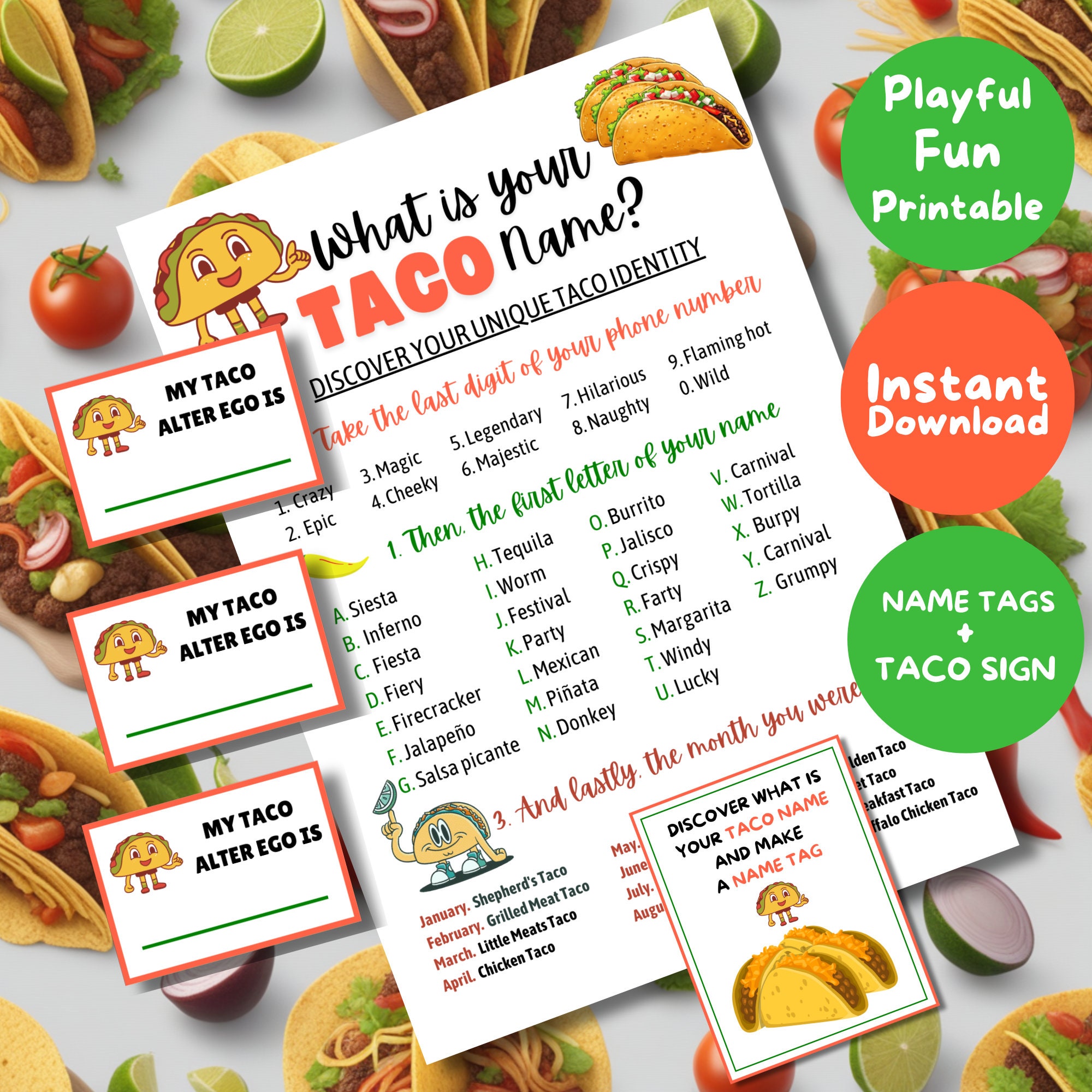 What's Your Taco Name and Nametags, Taco Party Game, Taco Tuesday Name ...