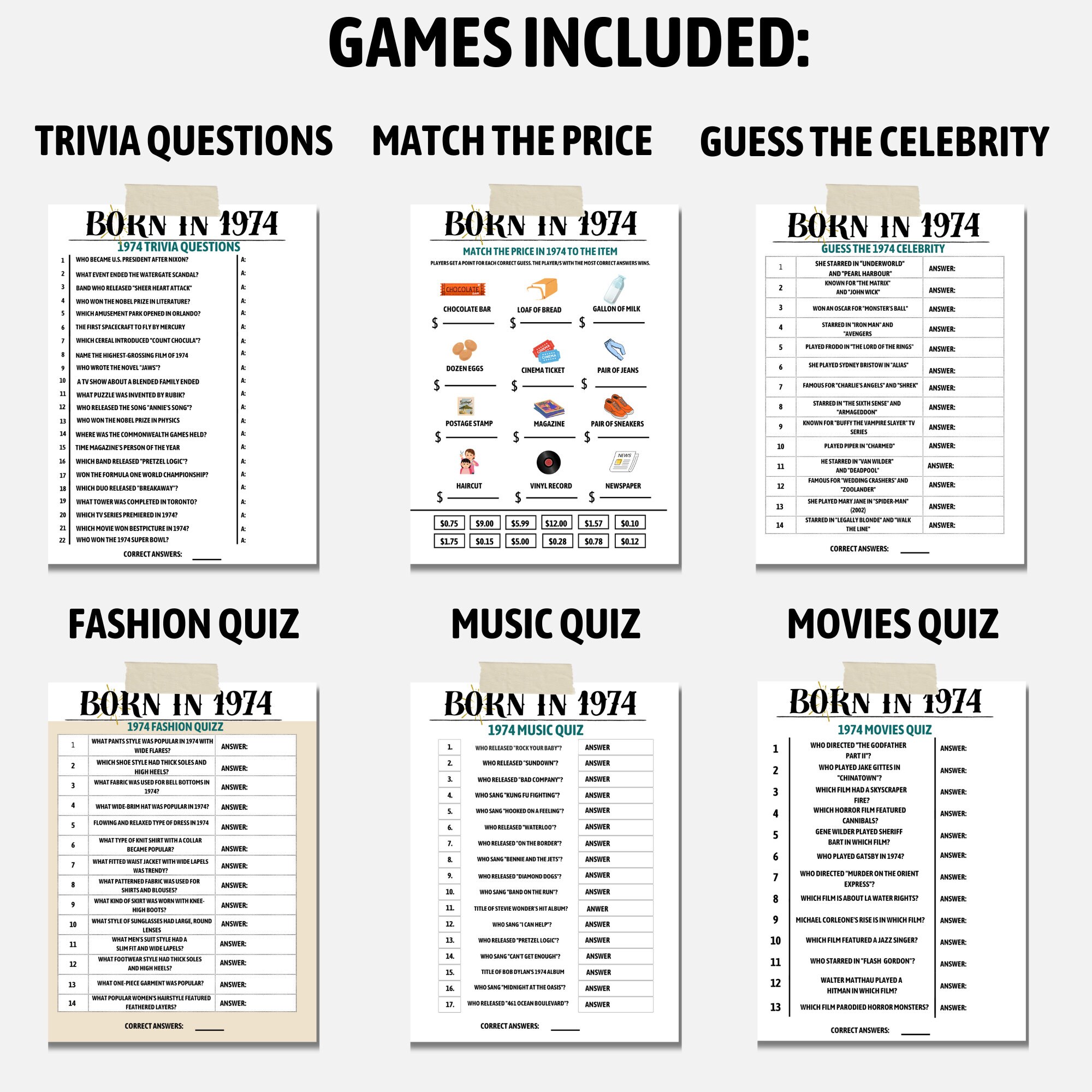 50th Birthday Party Games Bundle, Adult Games, 50th Anniversary, 1974 ...