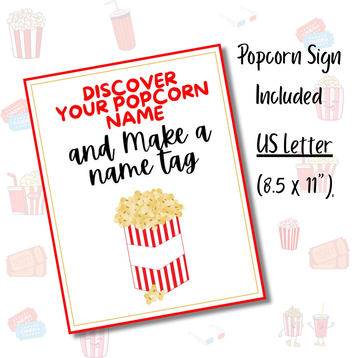 What's Your Popcorn Name Game With Name Tags & Sign, Popcorn Name ...