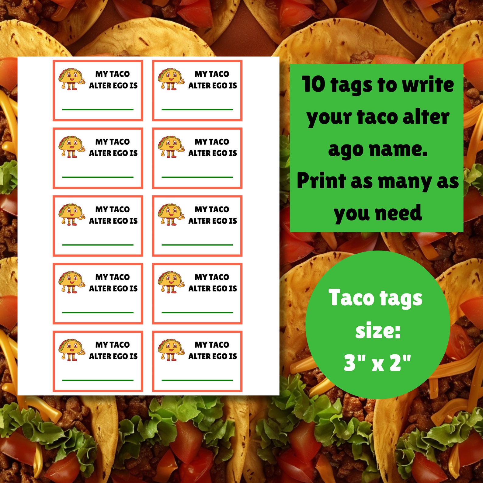 What's Your Taco Name and Nametags, Taco Party Game, Taco Tuesday Name ...