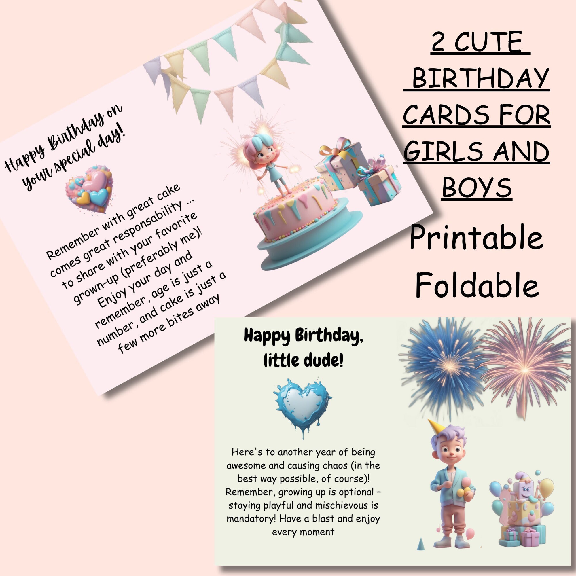 Happy Birthday Printable Cards for Kids, Kid Boy, Kid Girl, PDF Cute ...