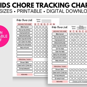 Kids Chore Chart, Checklist Tracker Printable, Responsibility Chart ...