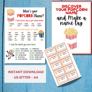 What's Your Popcorn Name Game With Name Tags & Sign, Popcorn Name ...