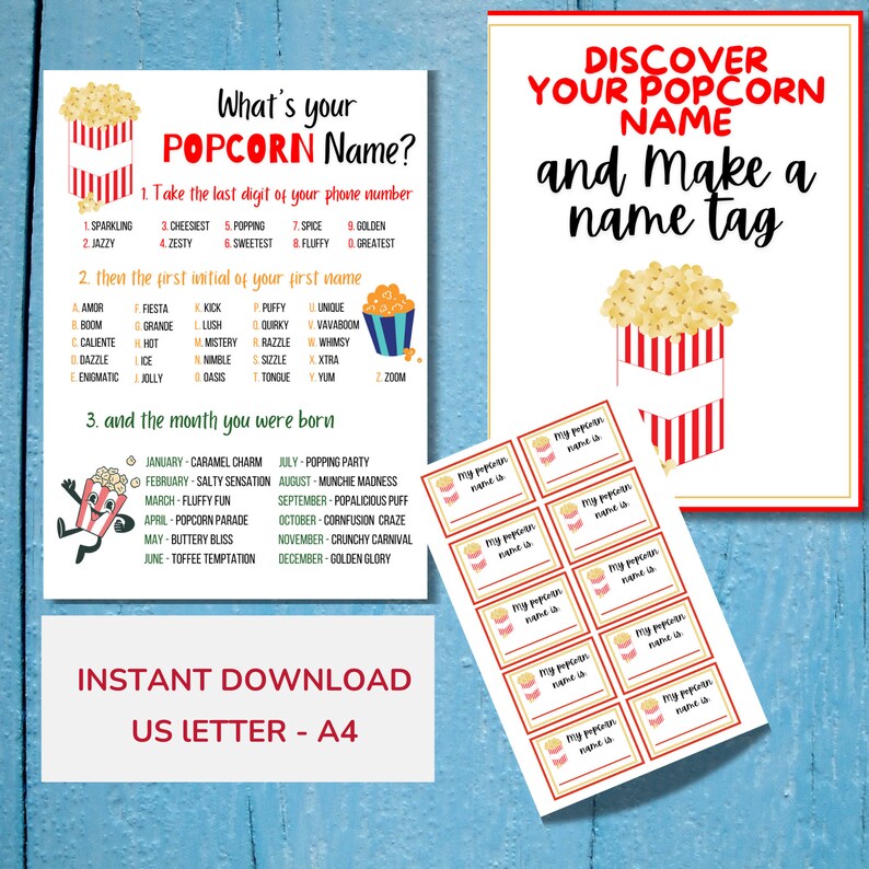What's Your Popcorn Name Game With Name Tags & Sign, Popcorn Name ...