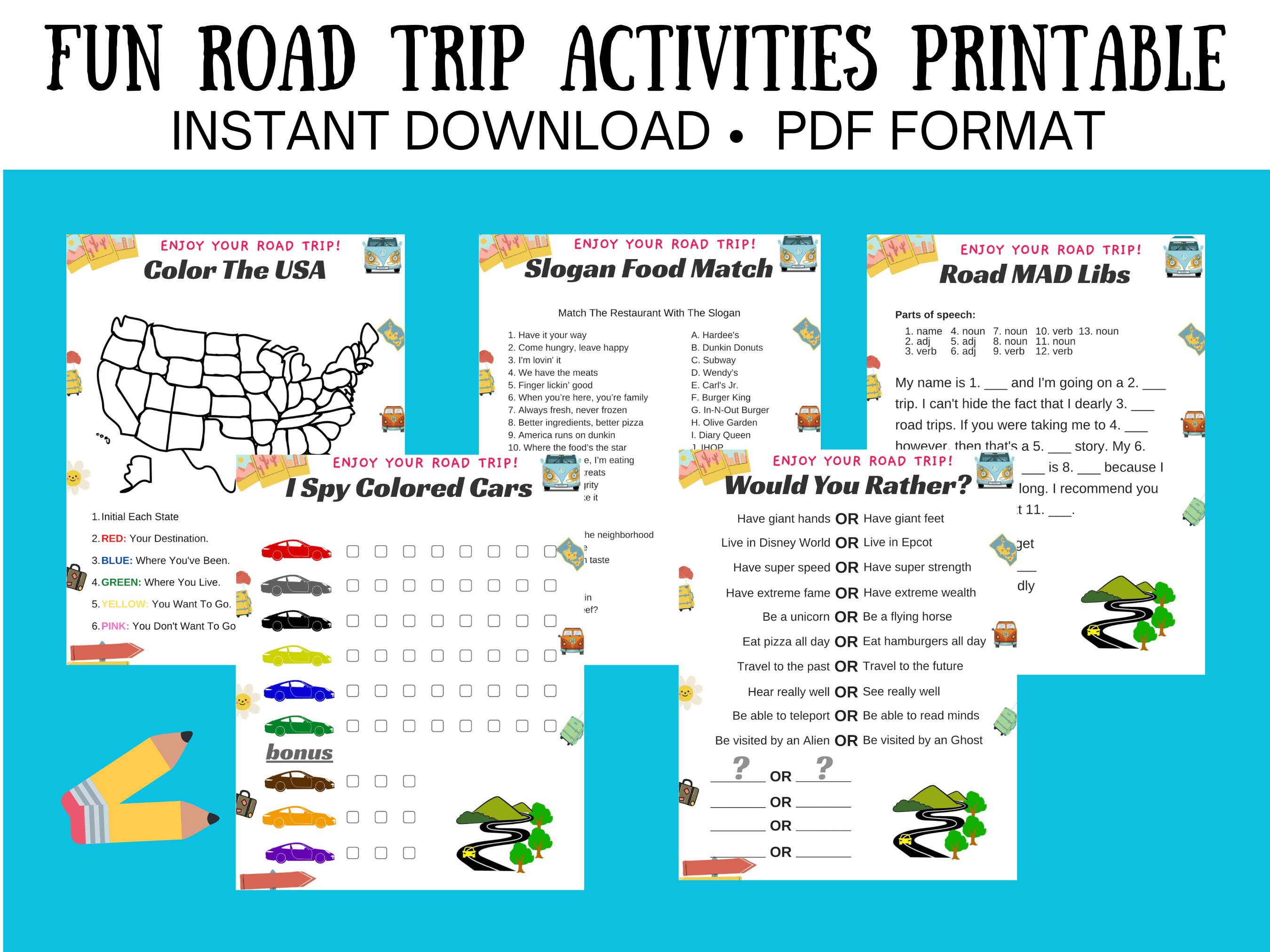 Printable Road Trip Activities for Kids L Road Trip Activity Sheets L ...