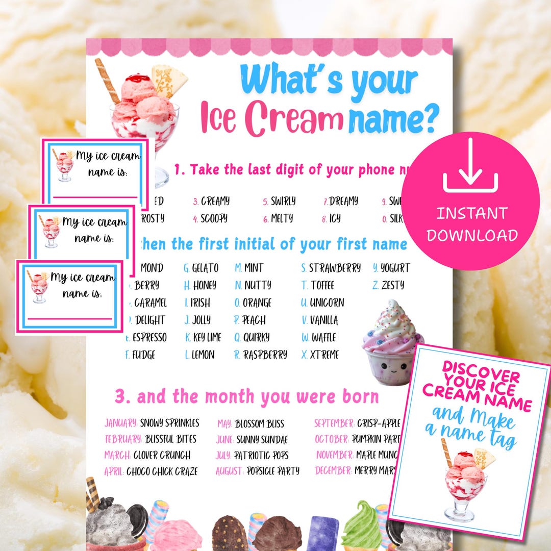 What's Your Ice Cream Name Game WITH NAMETAGS + SIGN, Ice Cream Party ...