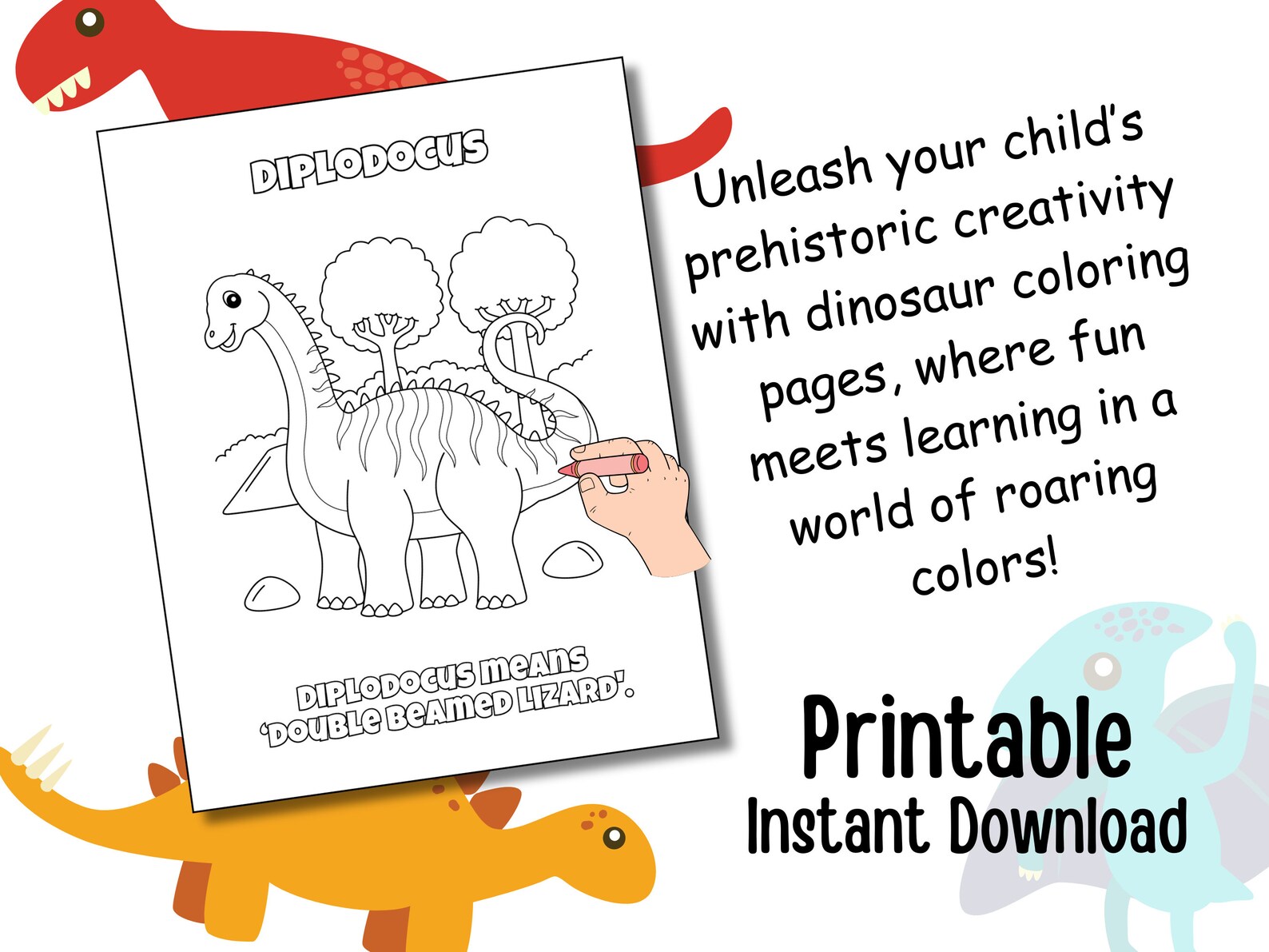 Dinosaur Coloring Page, Dinosaur Worksheets, Printable Coloring Page ...