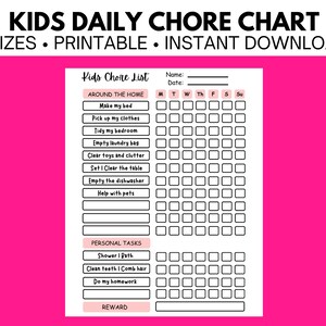 Kids Chore Chart Checklist Tracker Printable L Responsibility Chart ...