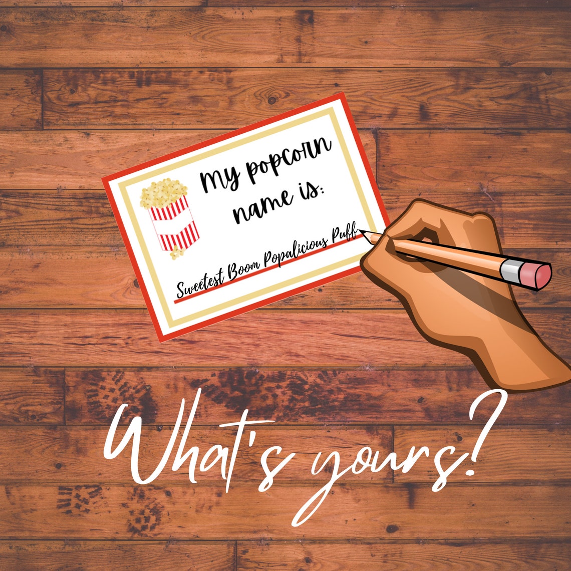 What's Your Popcorn Name Game With Name Tags & Sign, Popcorn Name ...