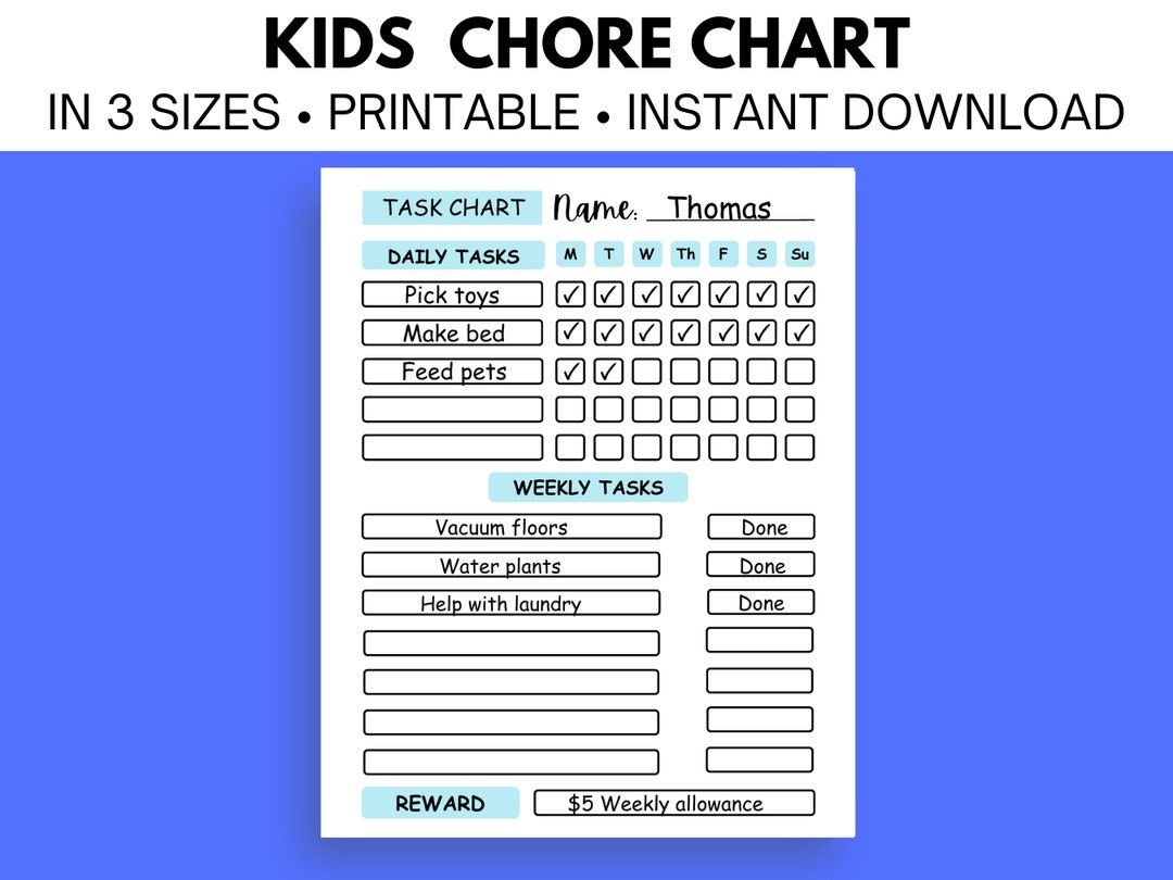 Printable Chore Chart for Kids L Daily Chore Tracker L Weekly Chore ...