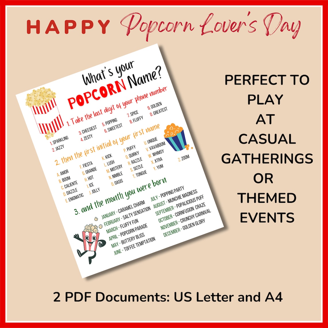 What's Your Popcorn Name Game With Name Tags & Sign, Popcorn Name ...