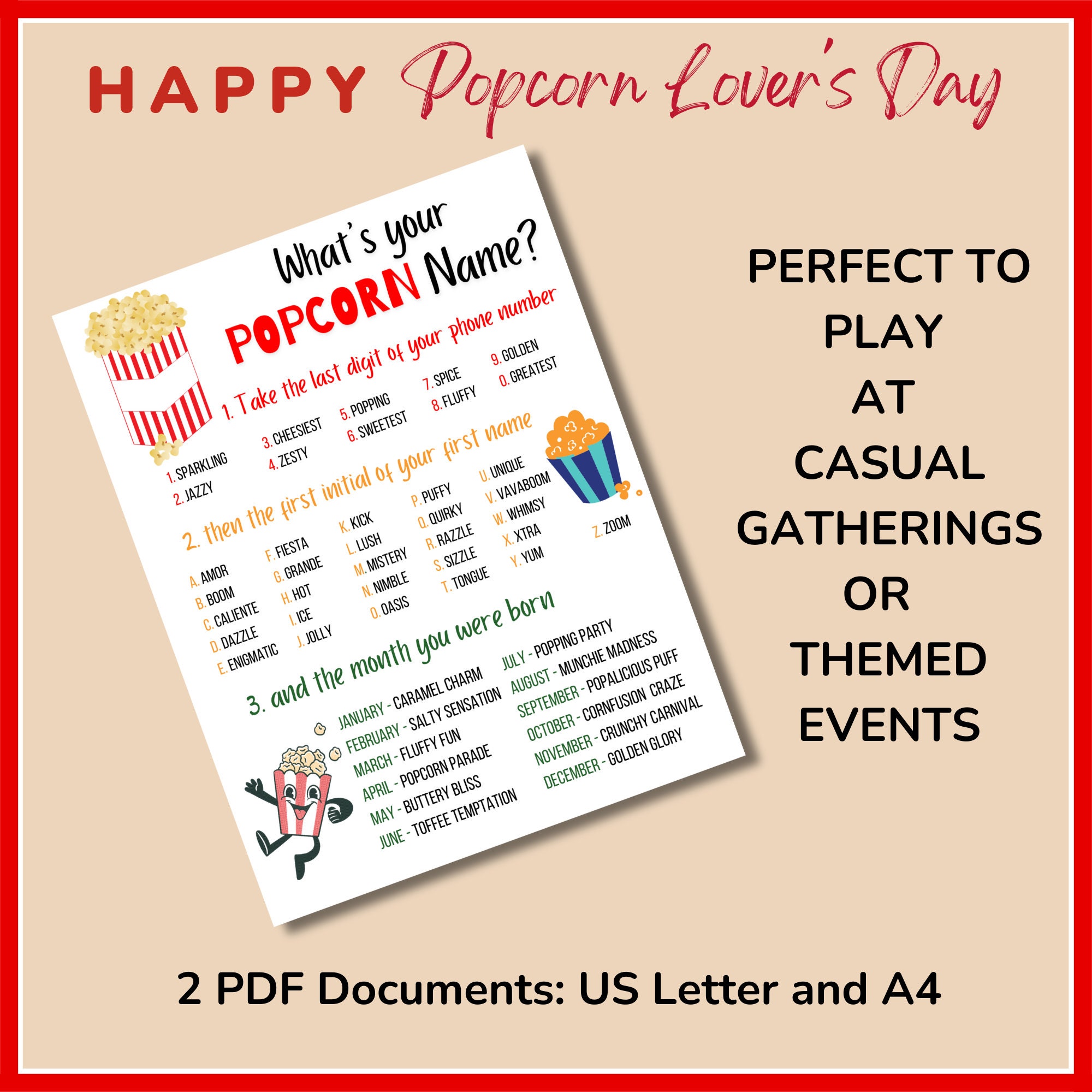 What's Your Popcorn Name Game With Name Tags & Sign, Popcorn Name ...