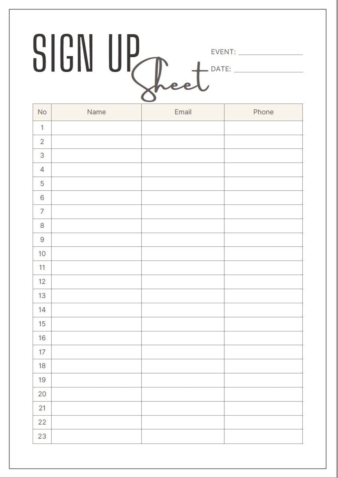 Sign up Sheet Digital Download - Etsy