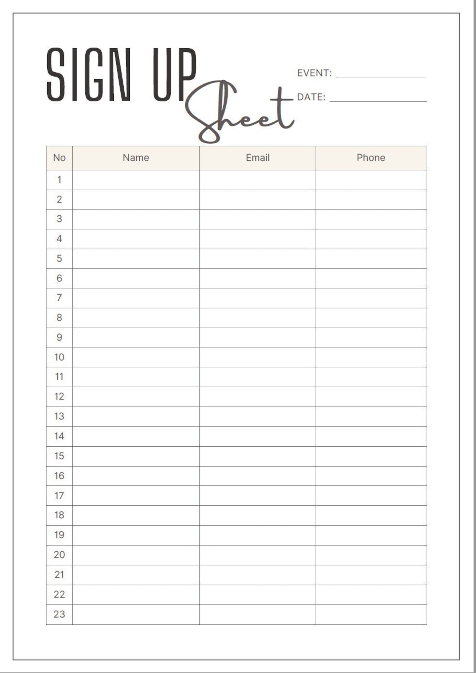 Sign up Sheet Digital Download - Etsy