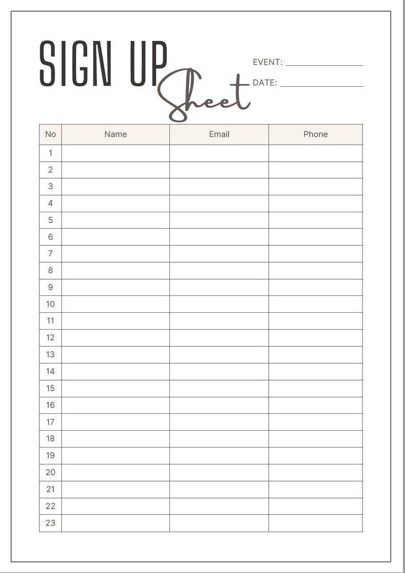 Sign up Sheet Digital Download - Etsy