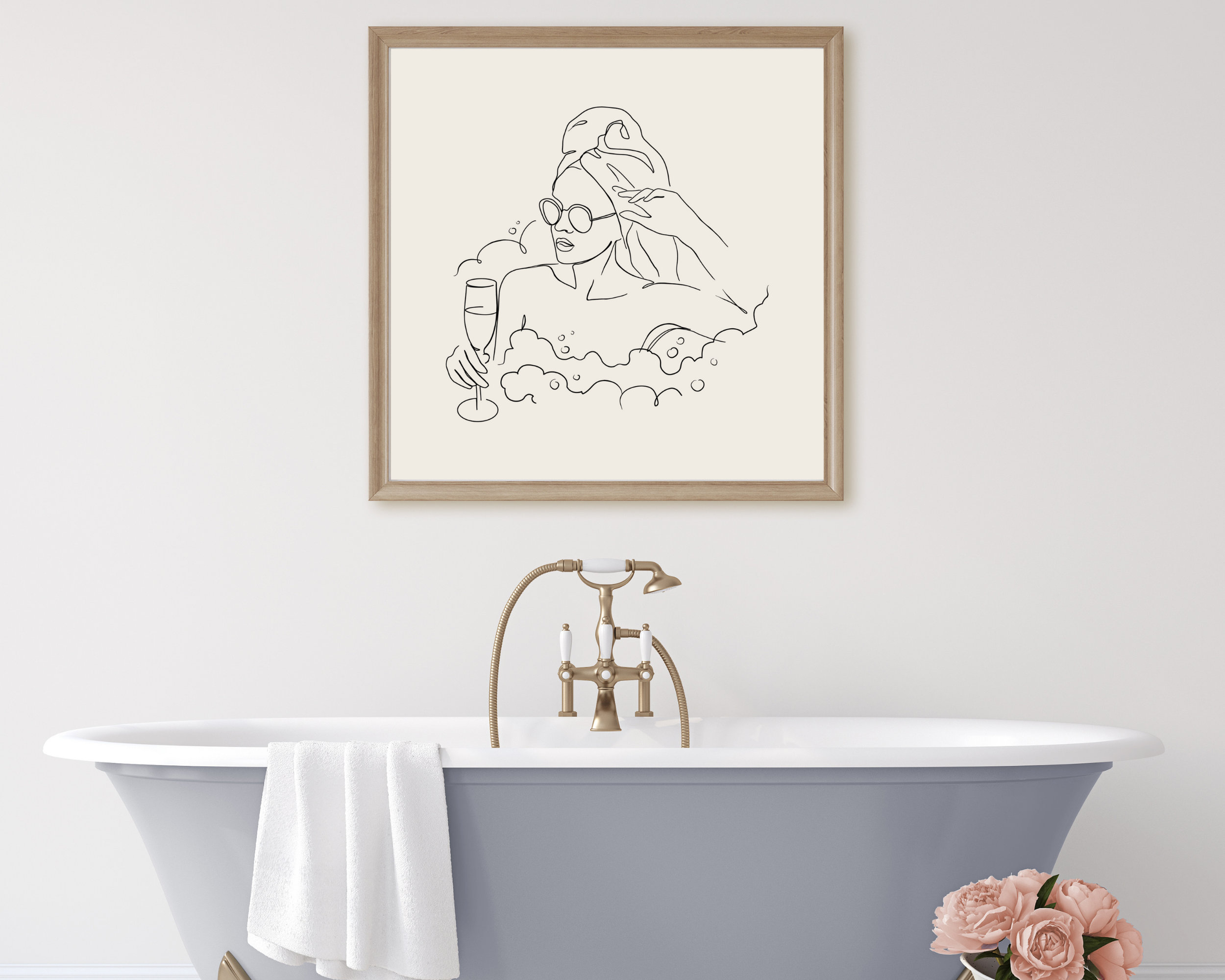 Bathroom Line Art | Neutral Wall Art | Woman in Bathtub | Minimal One ...