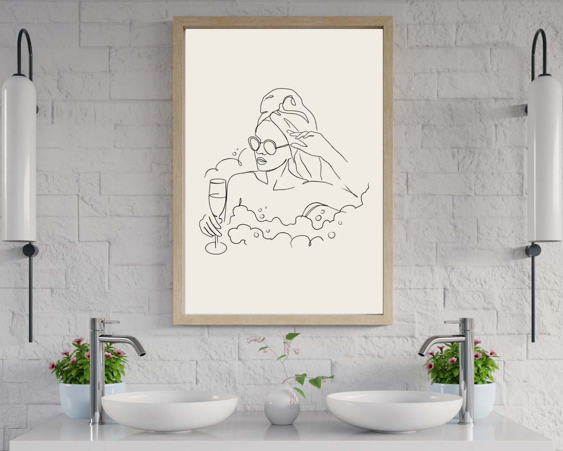 Bathroom Line Art | Neutral Wall Art | Woman in Bathtub | Minimal One ...