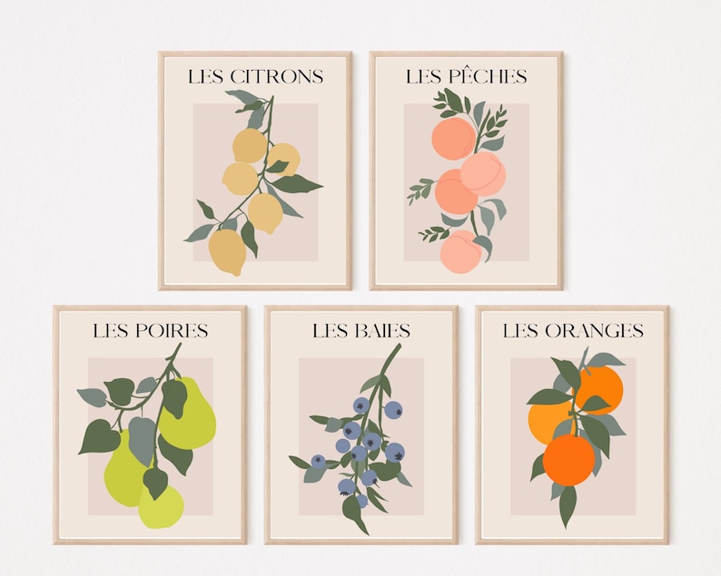 Fruit Market Print Set of 5 | Lemons Oranges Peaches | Kitchen Wall Art ...