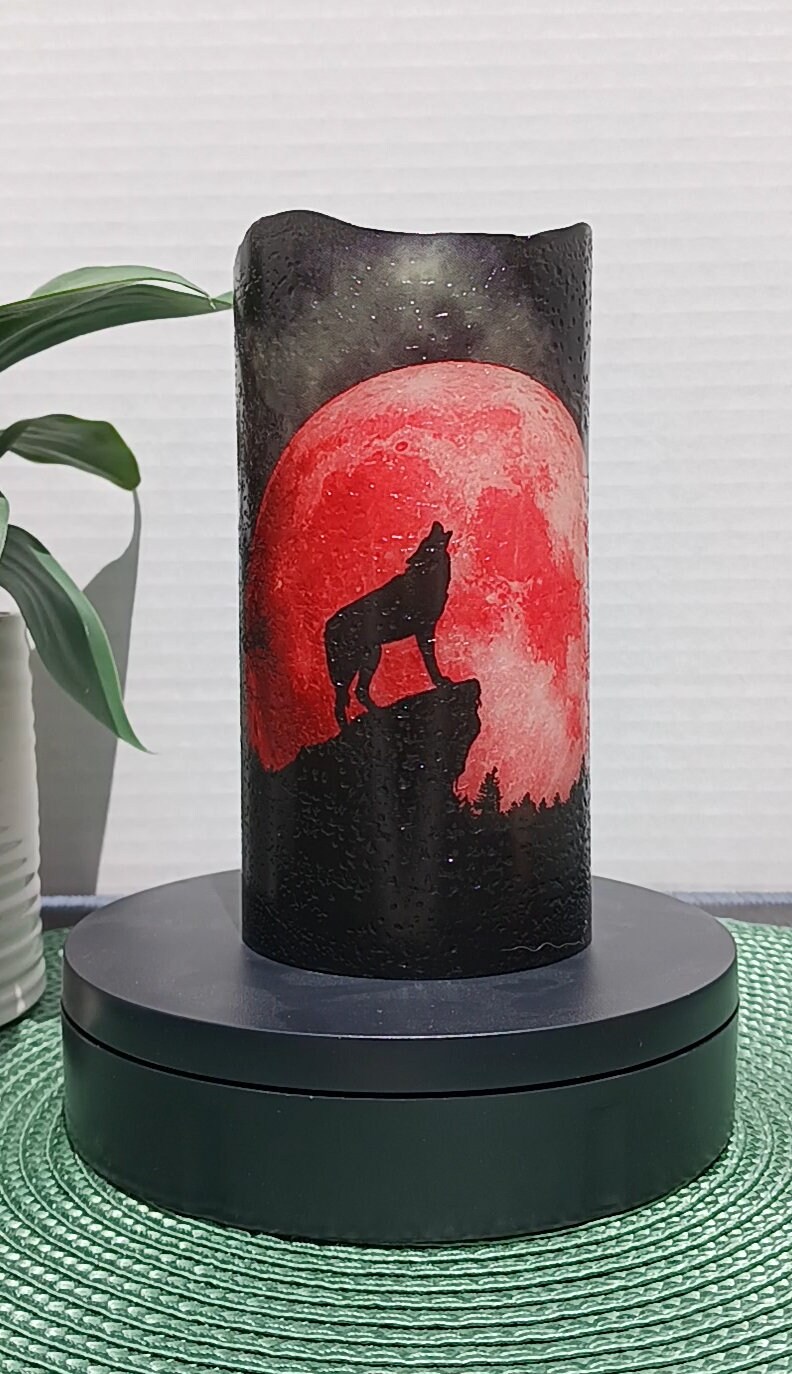 Wolf Howling at Red Moon - Flameless Candles - Free Gift Box ...