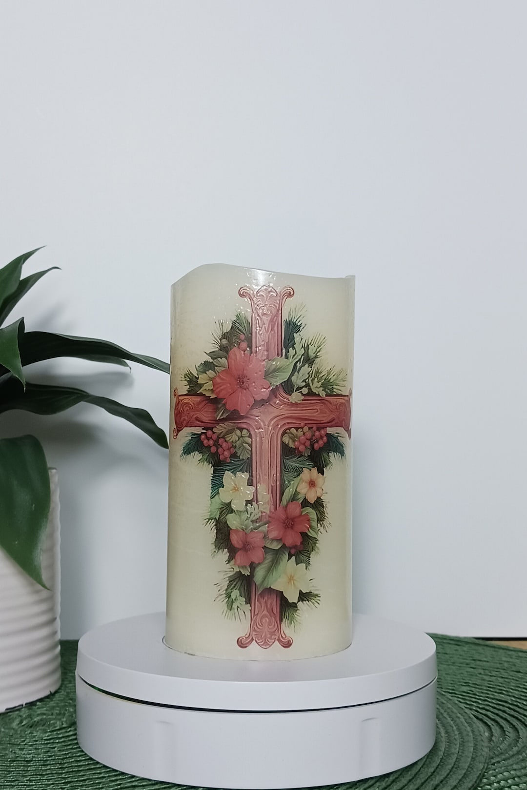 Christmas Cross With Flowers and Holly - Flameless Candles - Free Gift ...