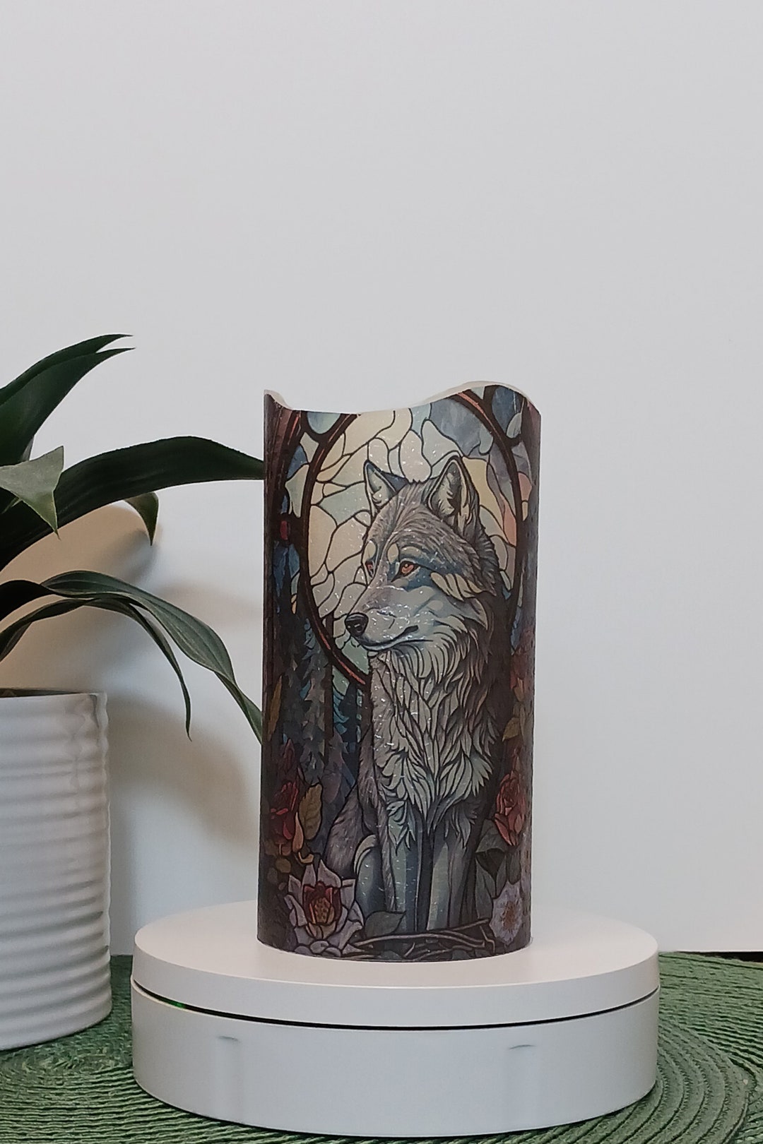 Stained Glass Wolf and Roses - Flameless Candles - Free Gift Box ...