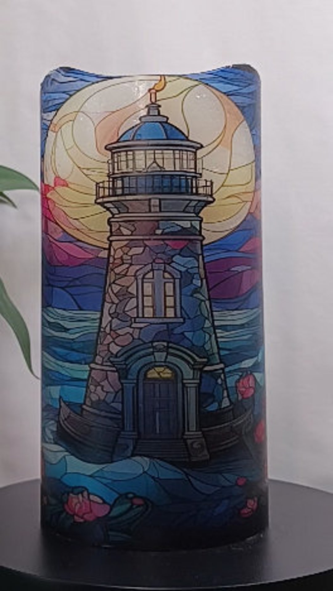 Stained Glass Lighthouse - Blue - Flameless Candles - Free Gift Box ...