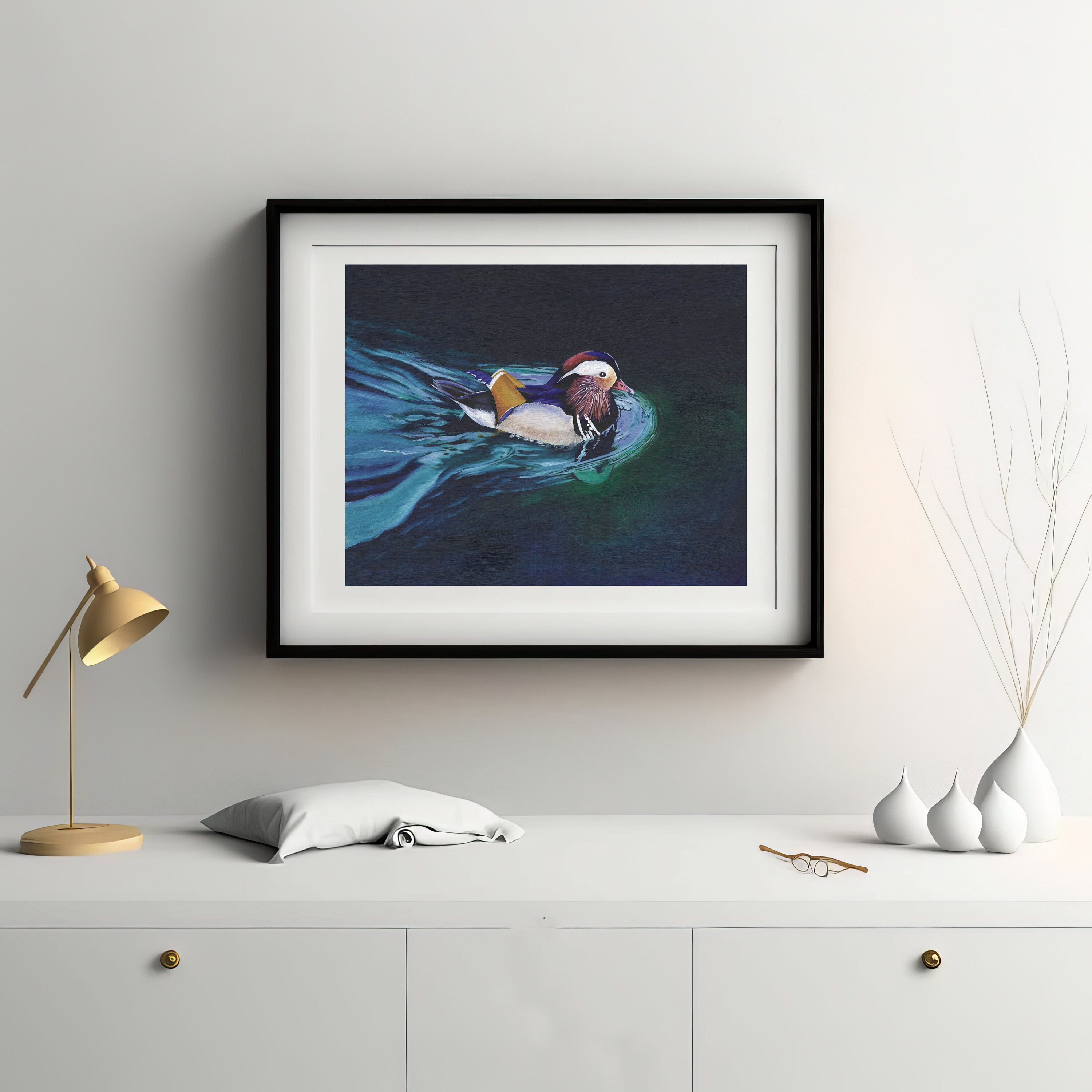 Mandarin Duck Art Print, Duck on Water Art, Dark Blue Wall Art, Gift ...