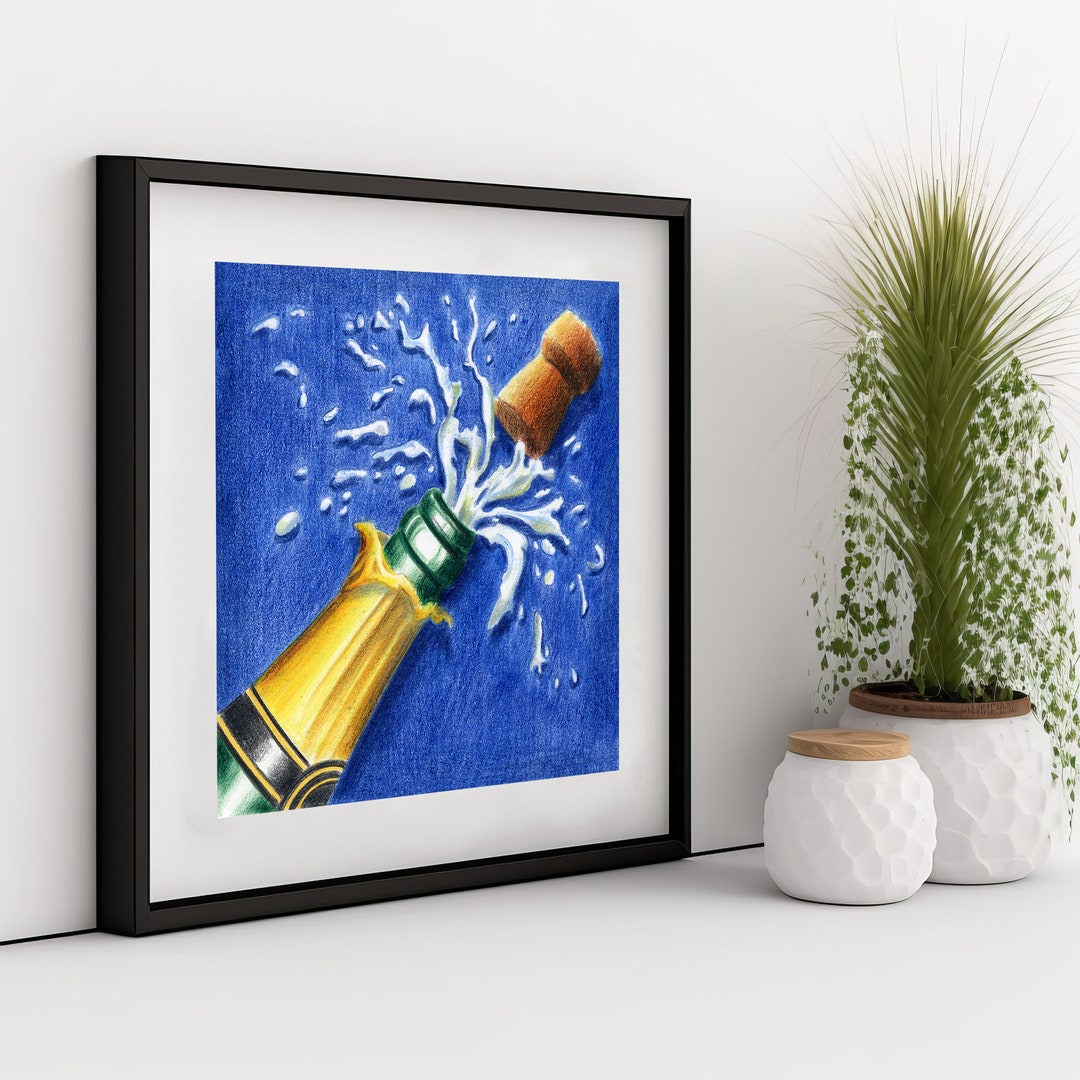 Champagne Celebration Print, Coloured Pencil Drawing, Food and Wine Art ...