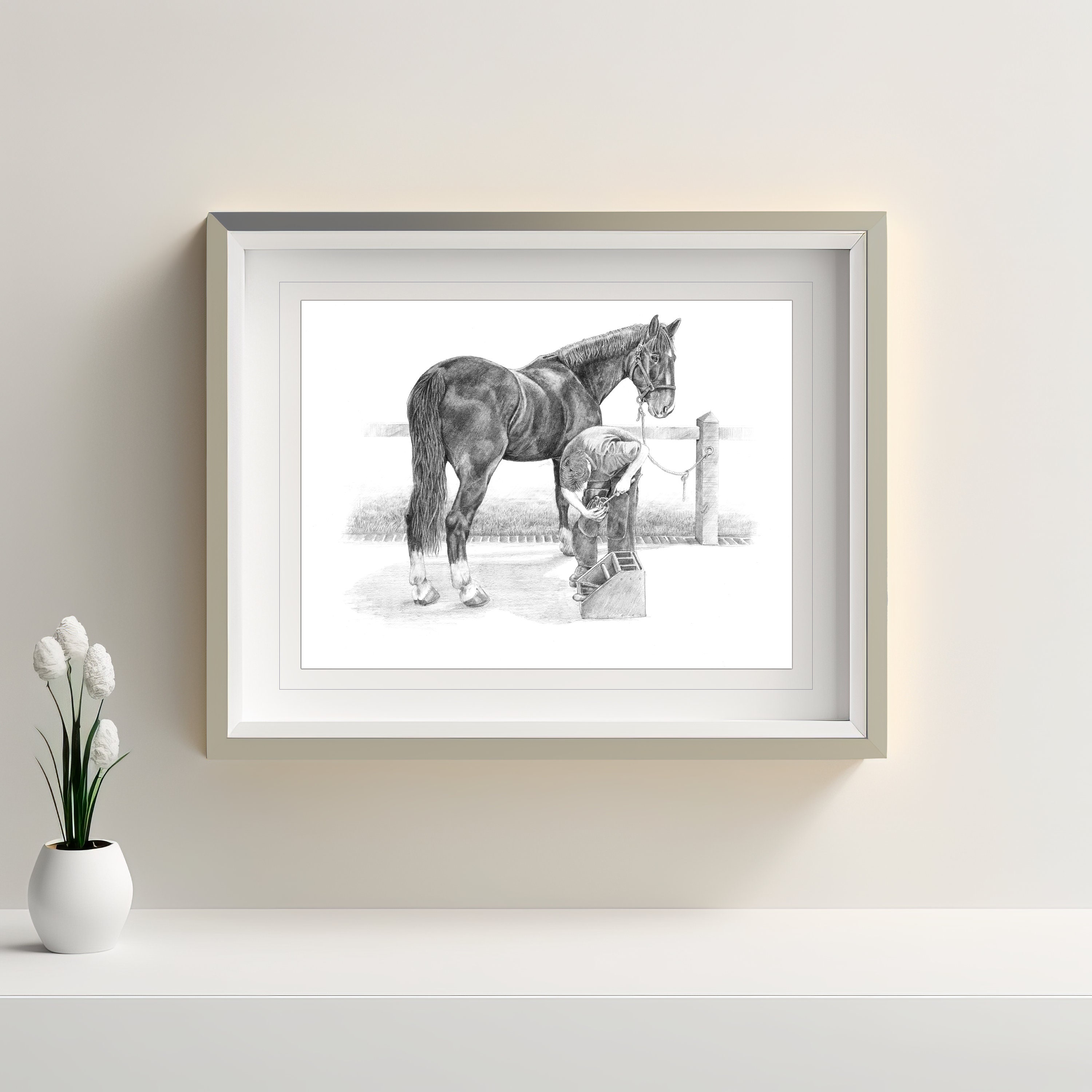 Farrier at Work Pencil Drawing Print, Horse and Farrier Art, Wall Decor ...