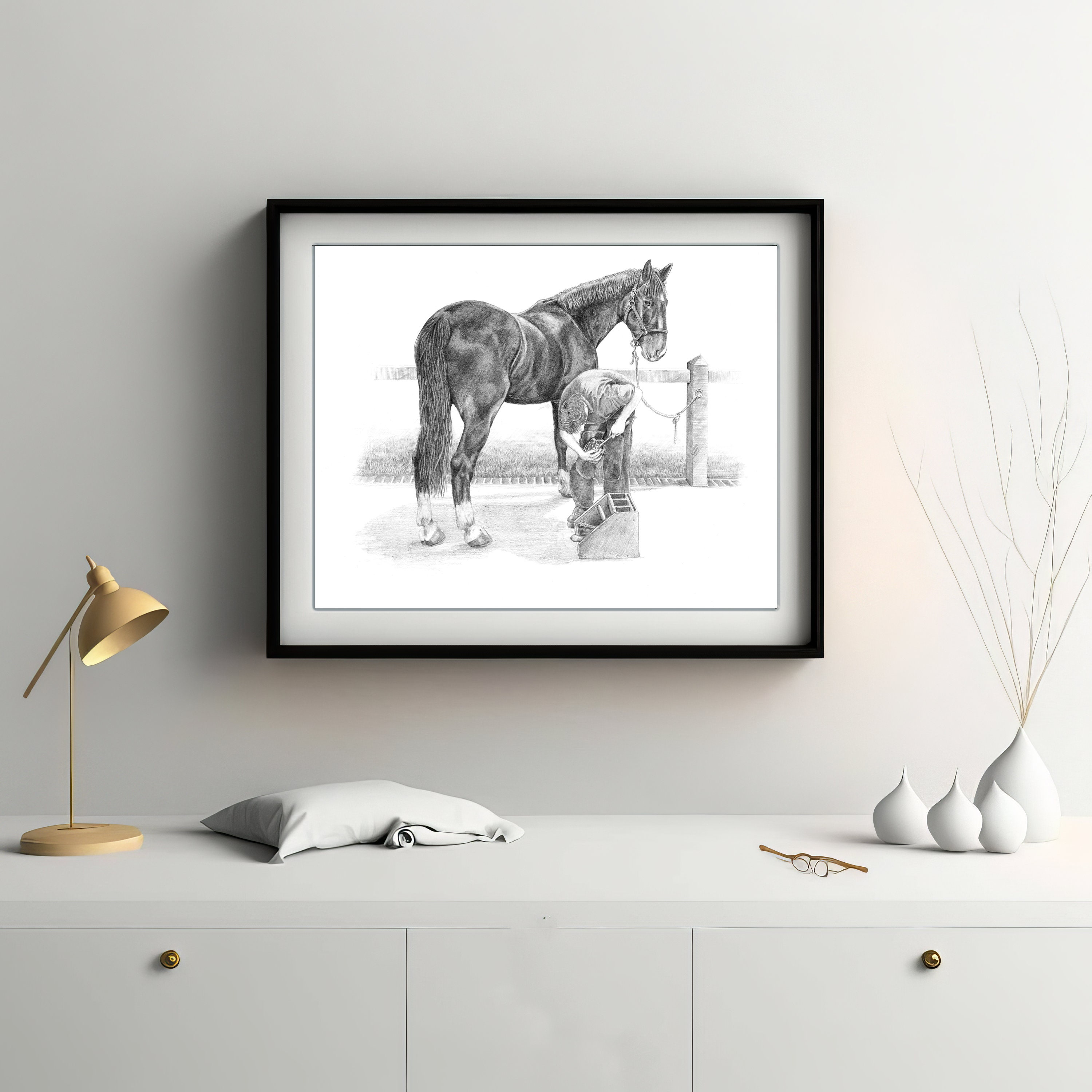 Farrier at Work Pencil Drawing Print, Horse and Farrier Art, Wall Decor ...