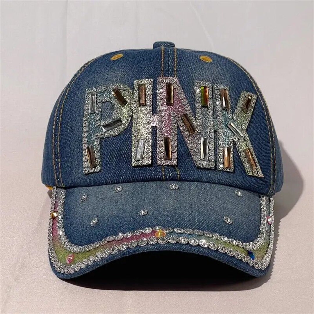 Sparkling Rhinestone Letter PINK Denim Baseball Cap Perfect - Etsy