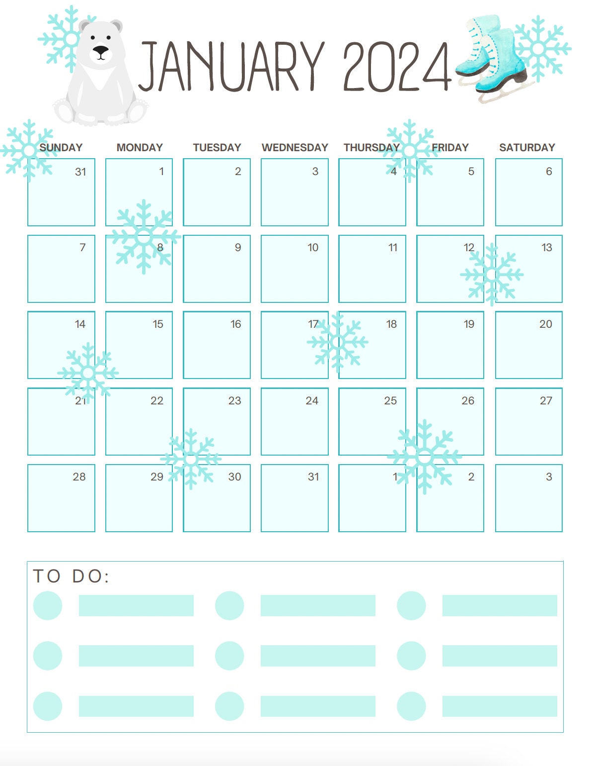 January 2024 Cute Winter Polar Bear Snowflake Calendar With to Do List ...