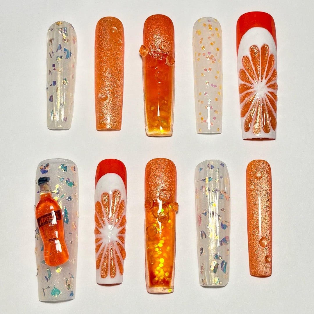 Aperol Spritz Aquarium Press on Nails Summer Cocktail Liquid Aqua Fake ...