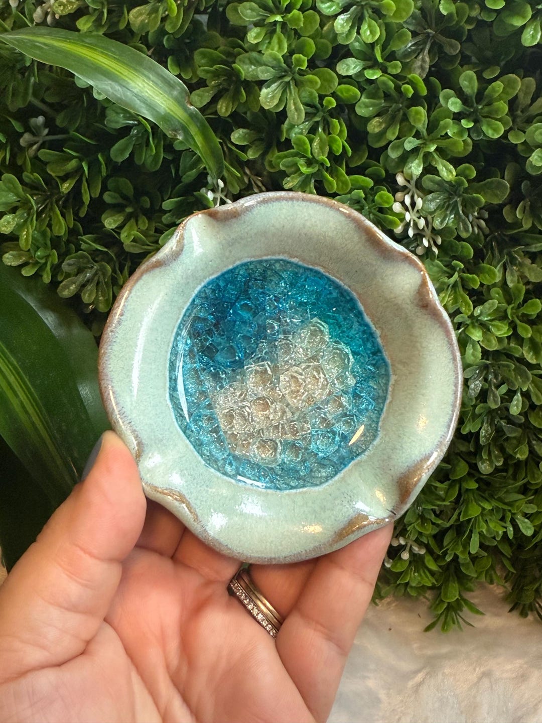 Crackle Glass Geode Pottery Trinket Dish |crackle Glass Geode Pottery ...